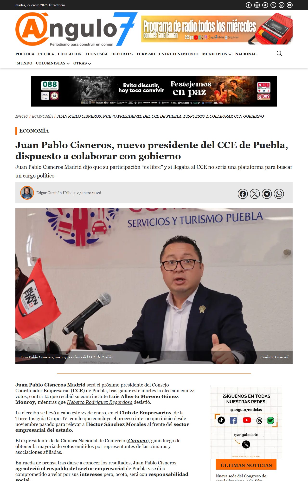 Juan Pablo Cisneros, nuevo presidente del CCE de Puebla con 24 votos ...