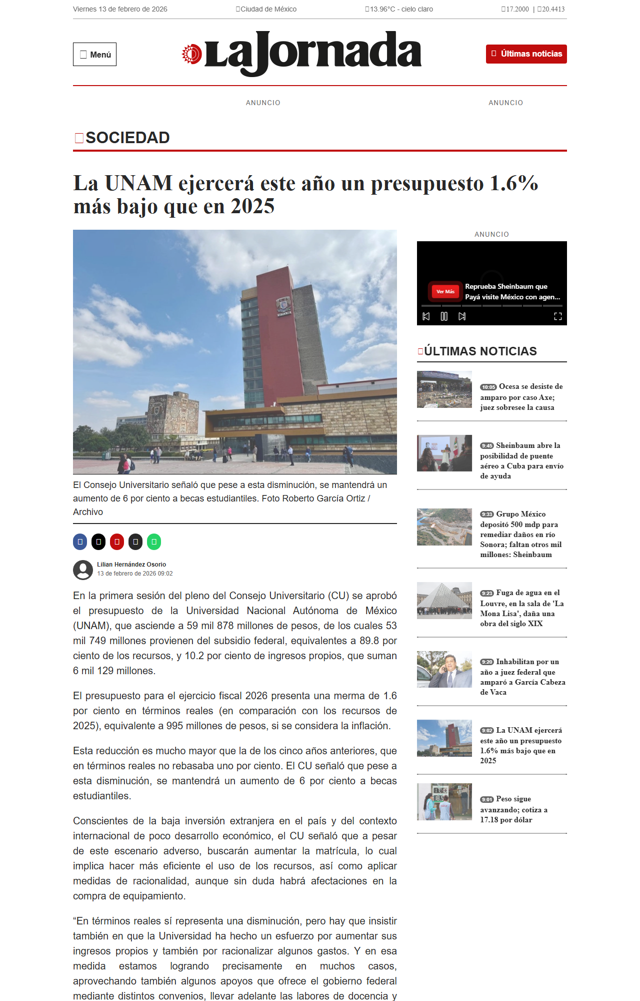 La UNAM ejercerá este año un presupuesto 1.6% más bajo que en 2025 ...