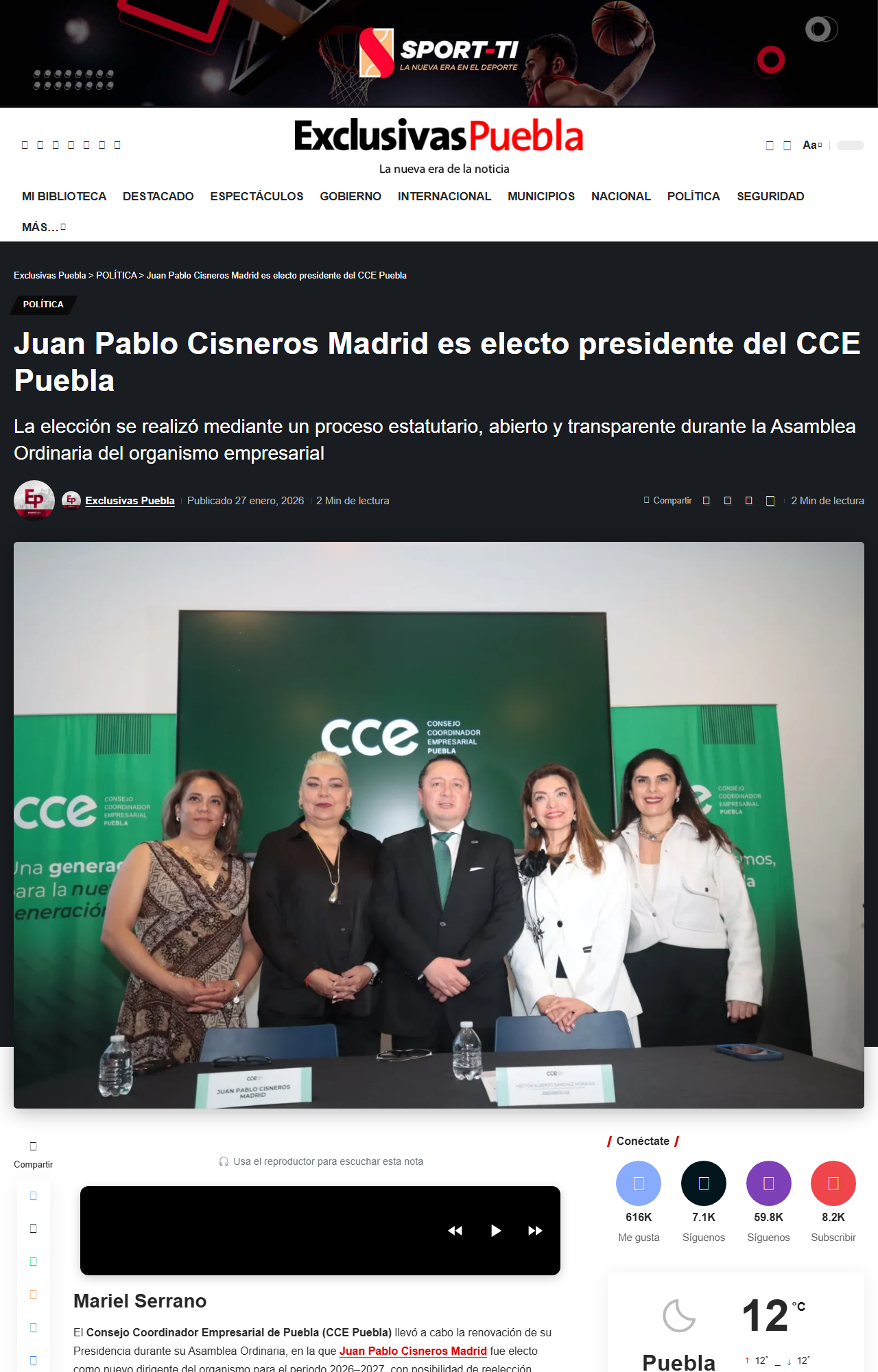 Juan Pablo Cisneros Madrid es electo presidente del CCE Puebla ...